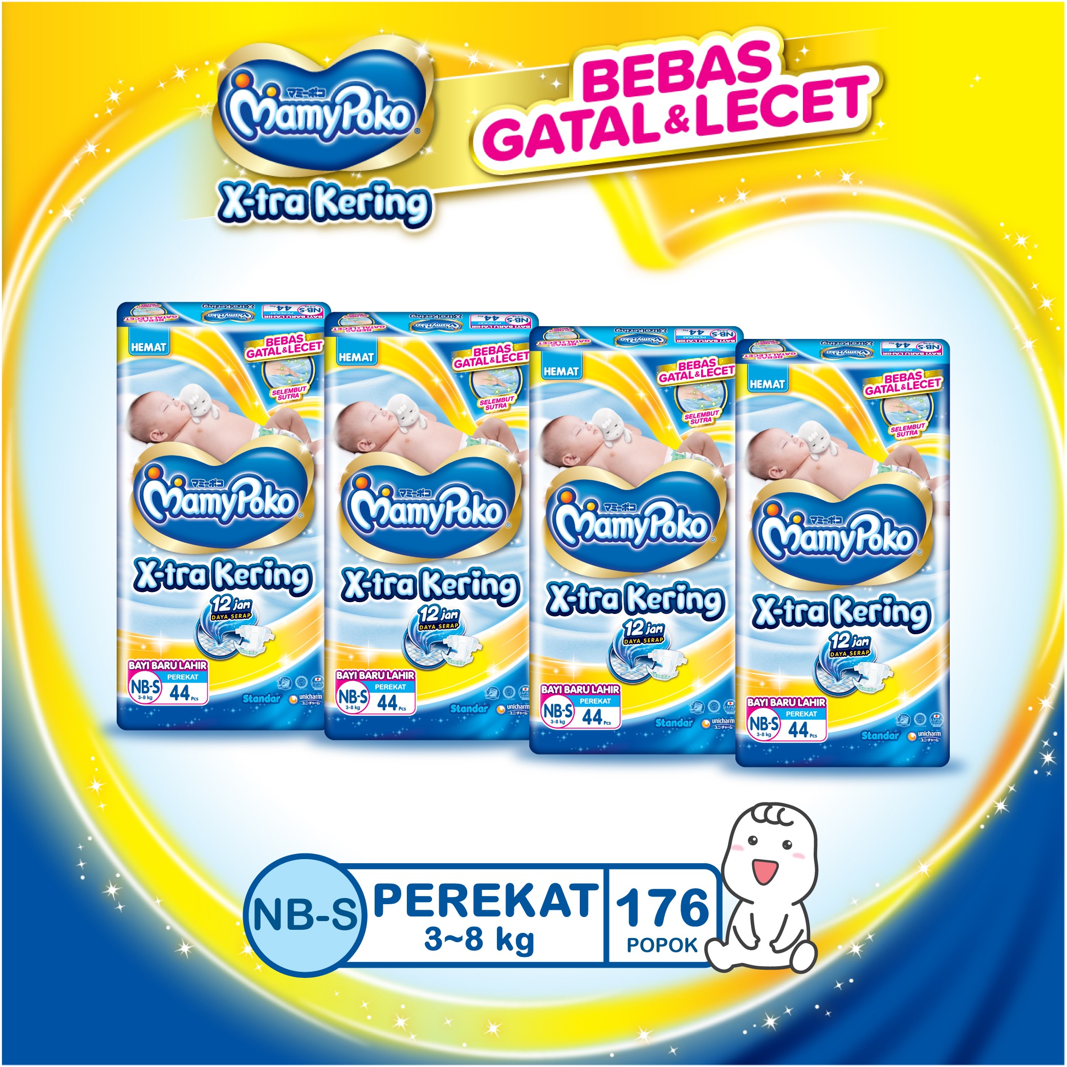 MamyPoko X-tra Kering Popok Bayi Baru Lahir Tipe Perekat NB-S 44 [3-8kg] karton isi 156 pcs [4 ...